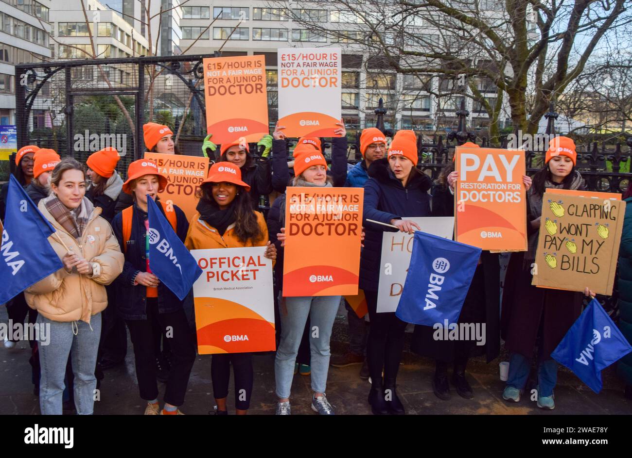 London, England, UK. 3rd Jan, 2024. Picket outside St Thomas' Hospital ...