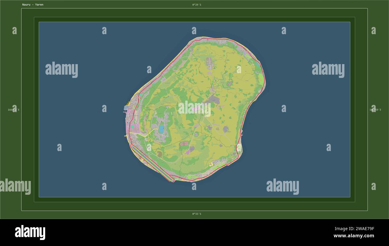 Nauru highlighted on a topographic, OSM Germany style map map with the country's capital point ...