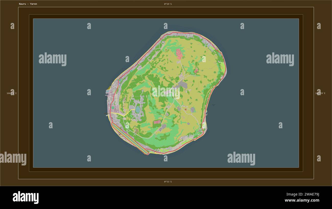 Nauru highlighted on a topographic, OSM France style map map with the country's capital point ...