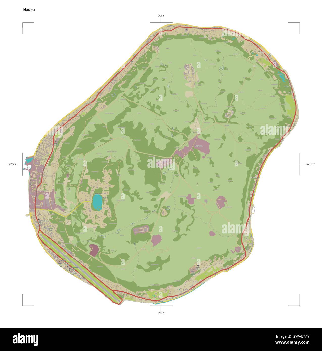 Shape of a topographic, OSM Humanitarian style map of the Nauru, with distance scale and map ...