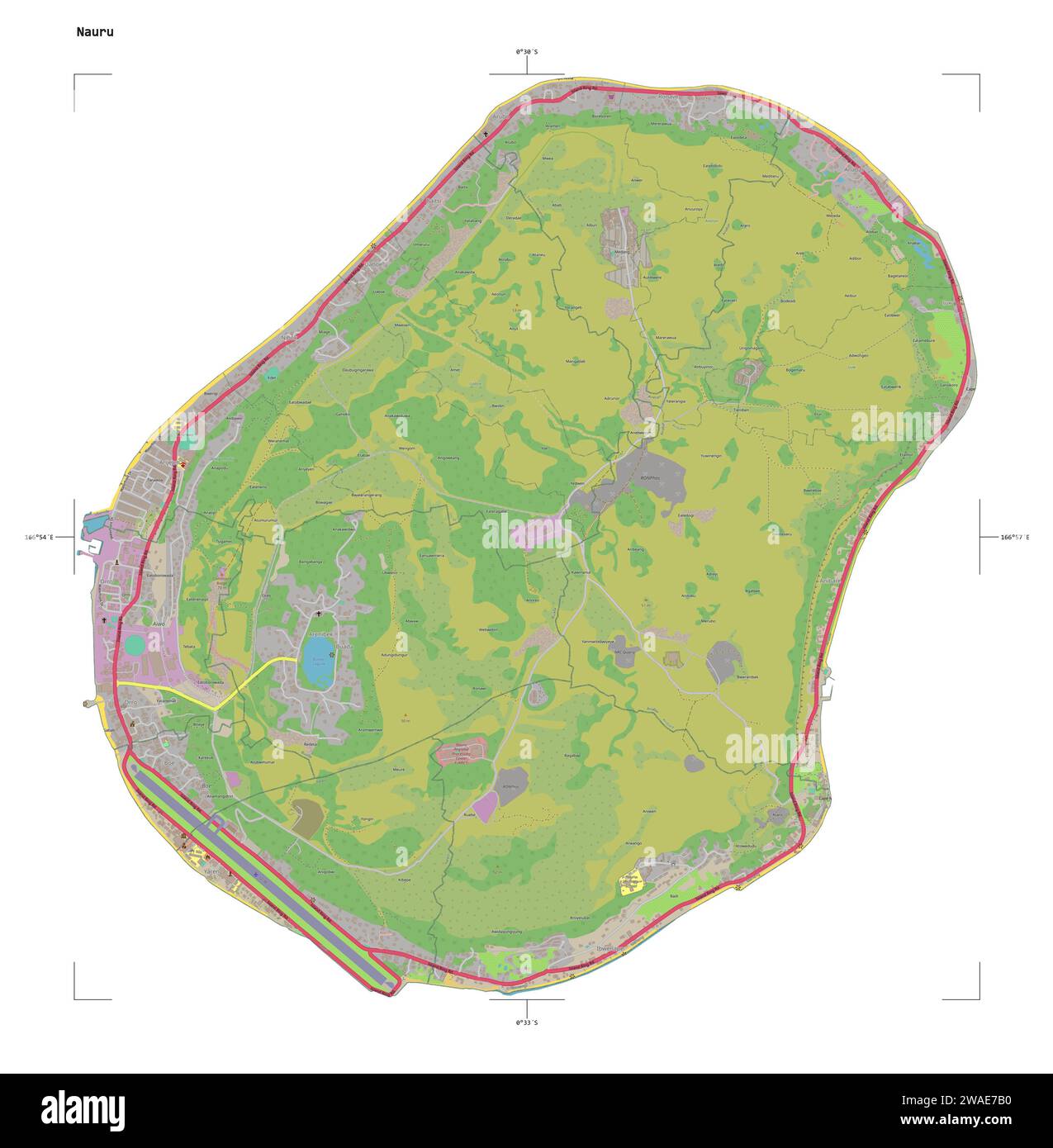 Shape of a topographic, OSM Germany style map of the Nauru, with distance scale and map border ...
