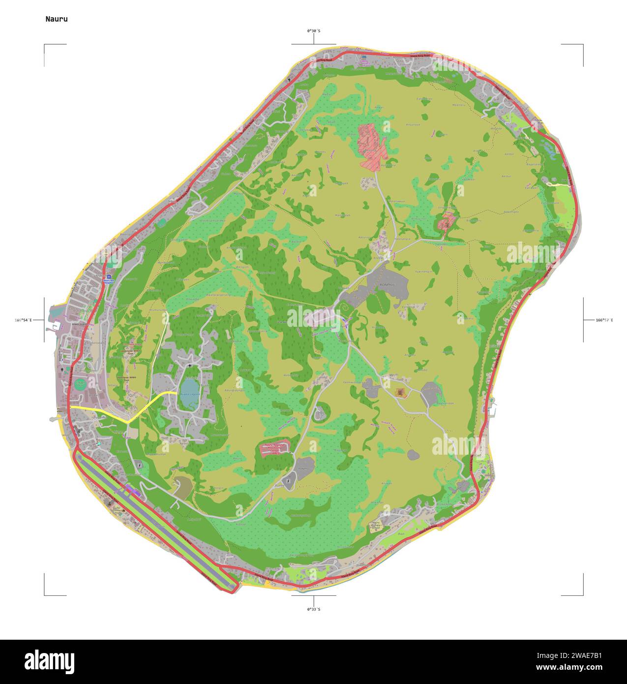 Shape of a topographic, OSM France style map of the Nauru, with distance scale and map border ...