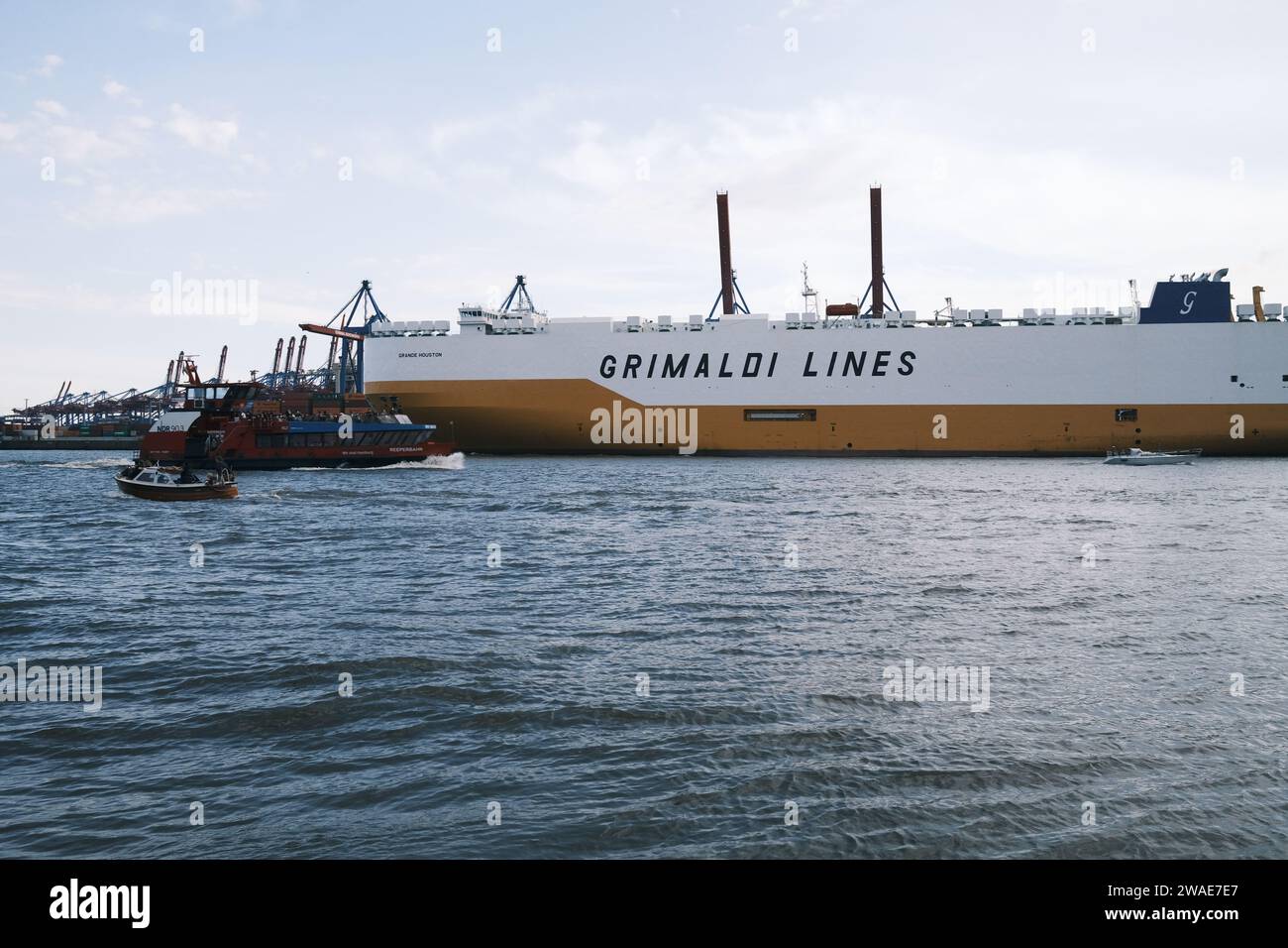 A Grimaldi line cargo ship on the waters of the port of Hamburg Stock ...