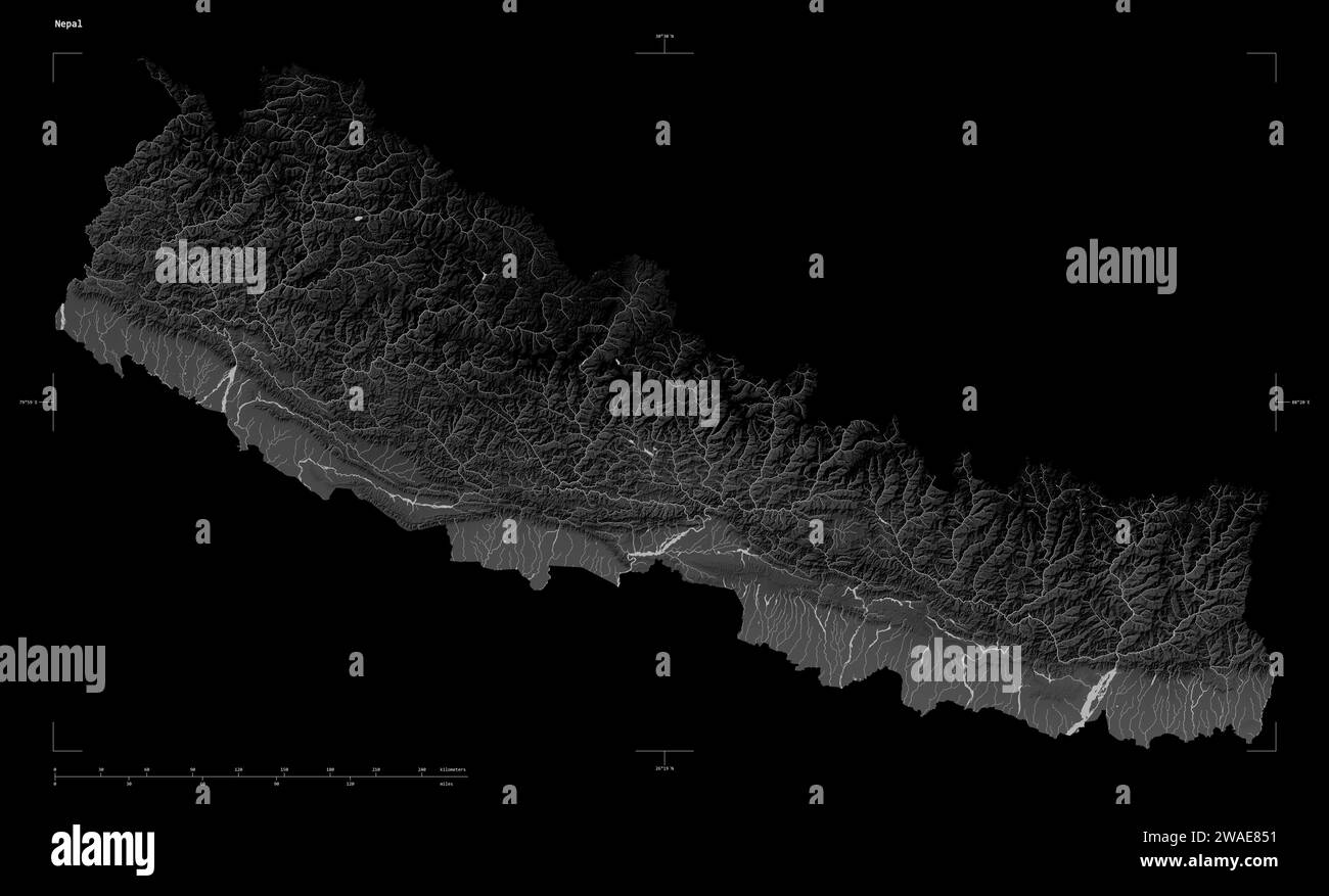 Shape of a Grayscale elevation map with lakes and rivers of the Nepal, with distance scale and ...