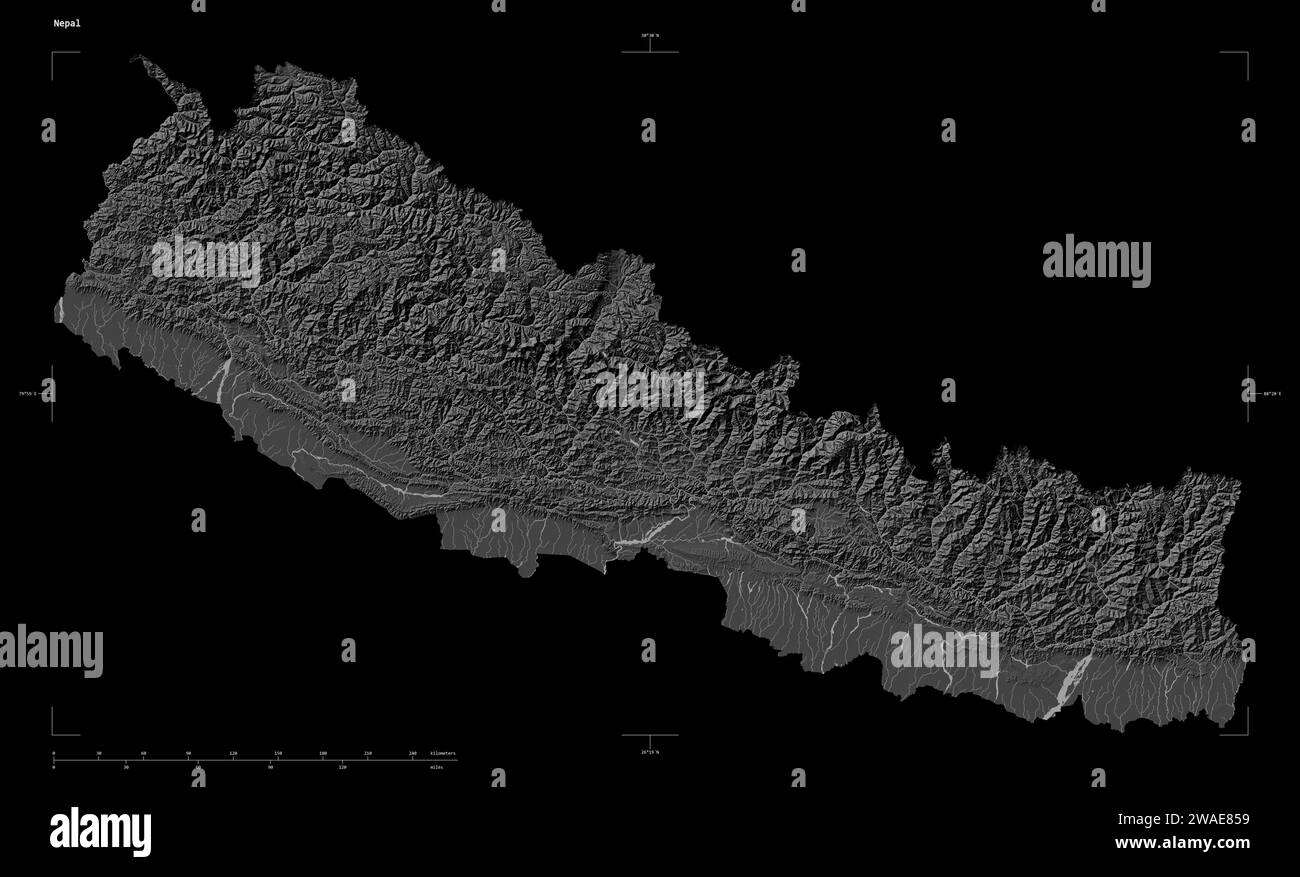 Shape of a Bilevel elevation map with lakes and rivers of the Nepal, with distance scale and map ...