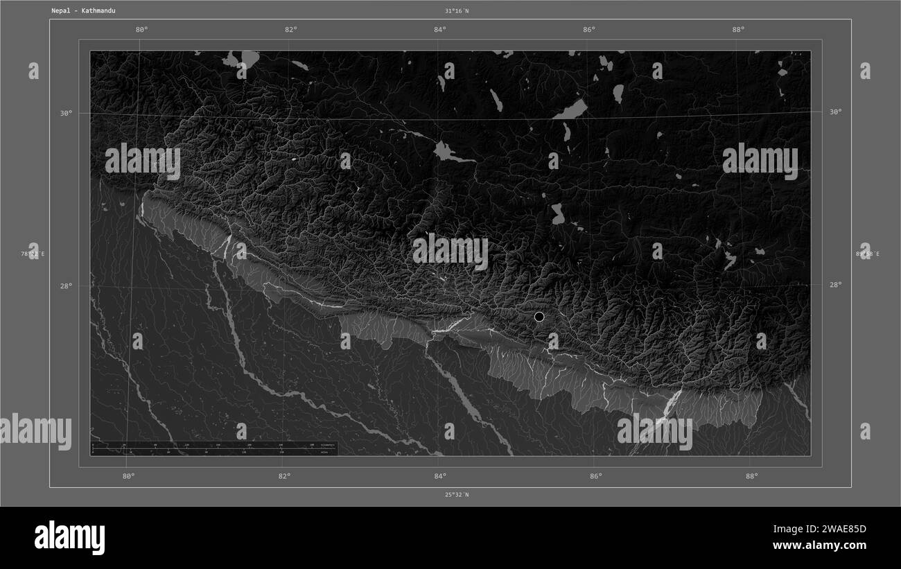 Nepal highlighted on a Grayscale elevation map with lakes and rivers map with the country's ...