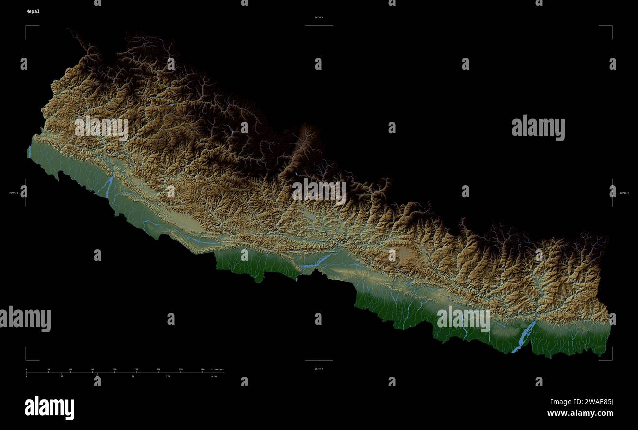 Shape of a Colored elevation map with lakes and rivers of the Nepal, with distance scale and map ...