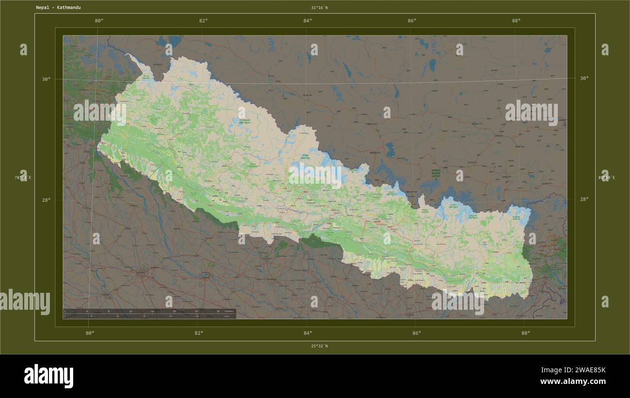 Nepal highlighted on a topographic, OSM standard style map map with the ...