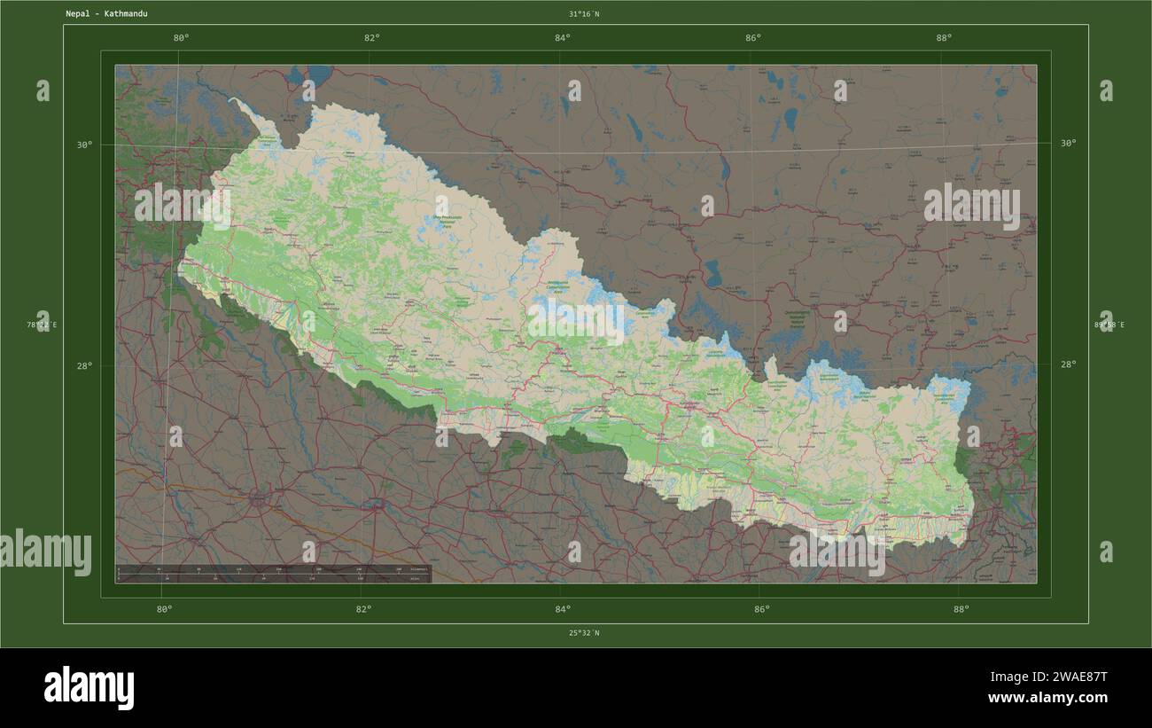 Nepal highlighted on a topographic, OSM Germany style map map with the country's capital point ...