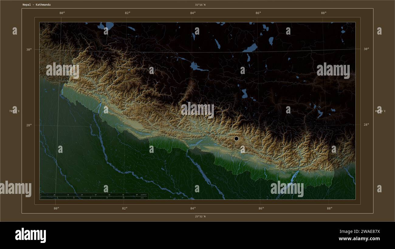 Nepal highlighted on a Colored elevation map with lakes and rivers map ...