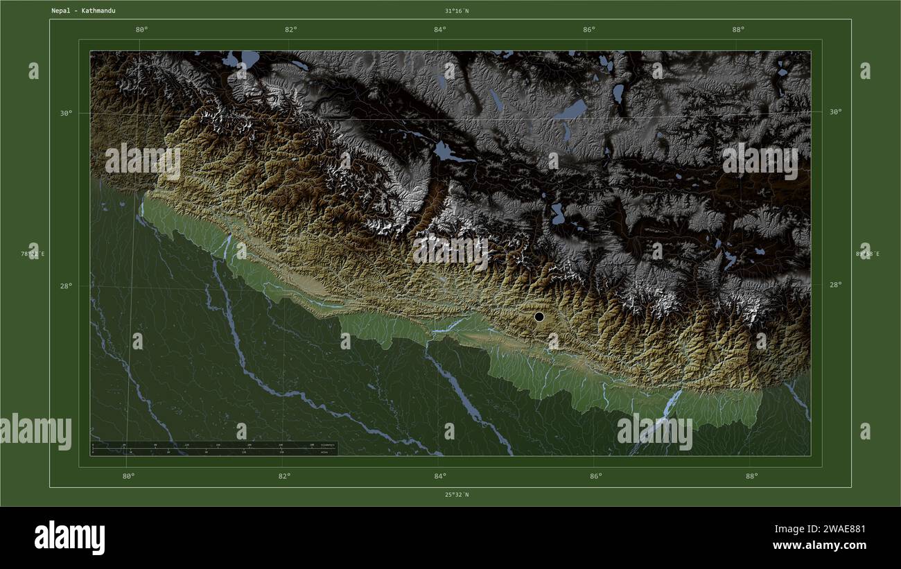 Nepal highlighted on a Pale colored elevation map with lakes and rivers map with the country's ...