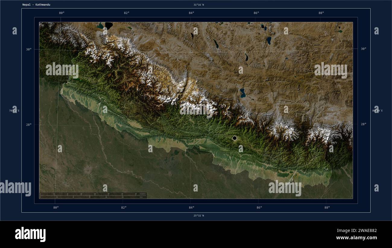 Nepal highlighted on a low resolution satellite map map with the ...