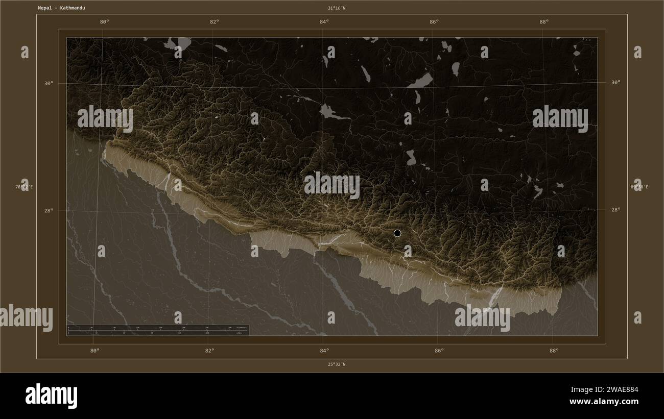 Nepal highlighted on a elevation map colored in sepia tones with lakes ...