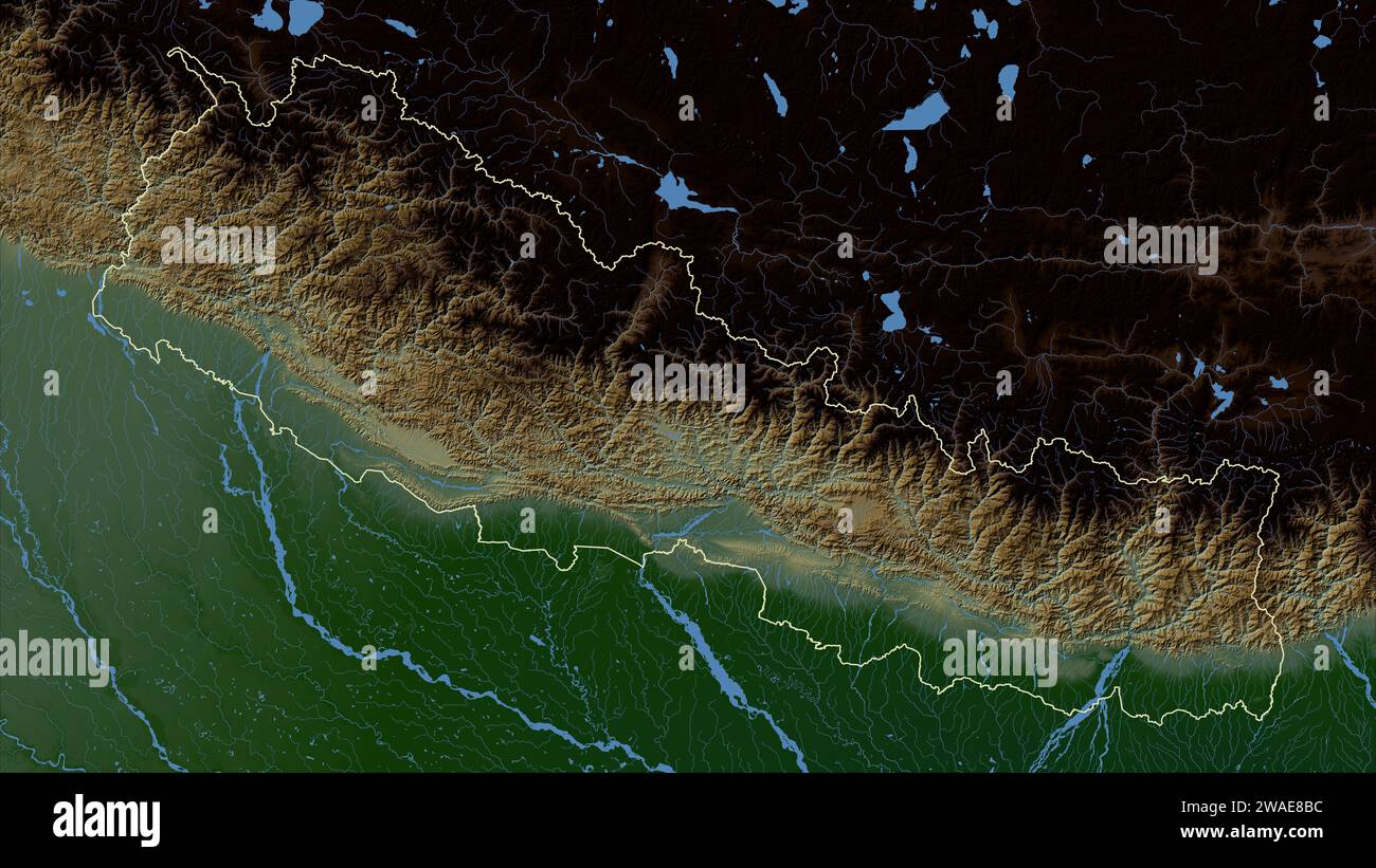 Nepal outlined on a Colored elevation map with lakes and rivers Stock ...