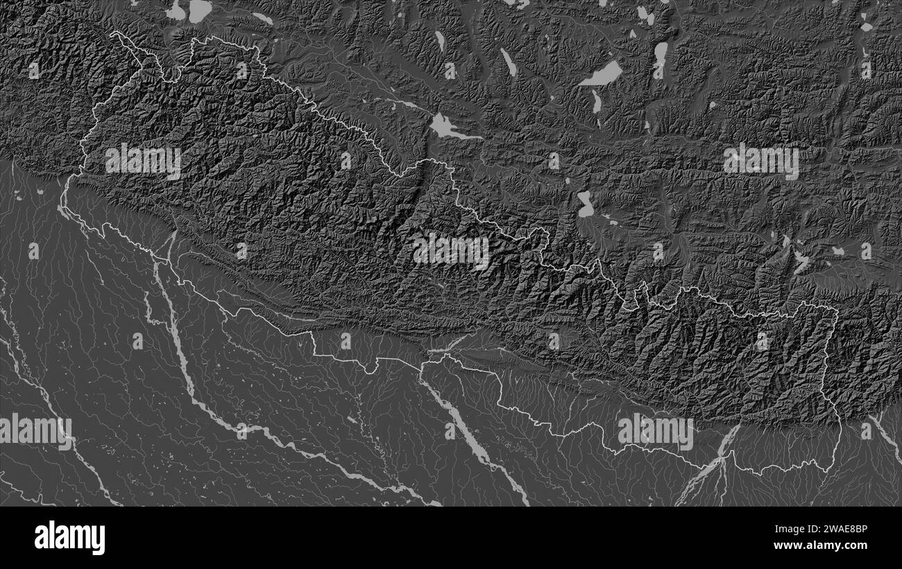 Nepal outlined on a Bilevel elevation map with lakes and rivers Stock ...