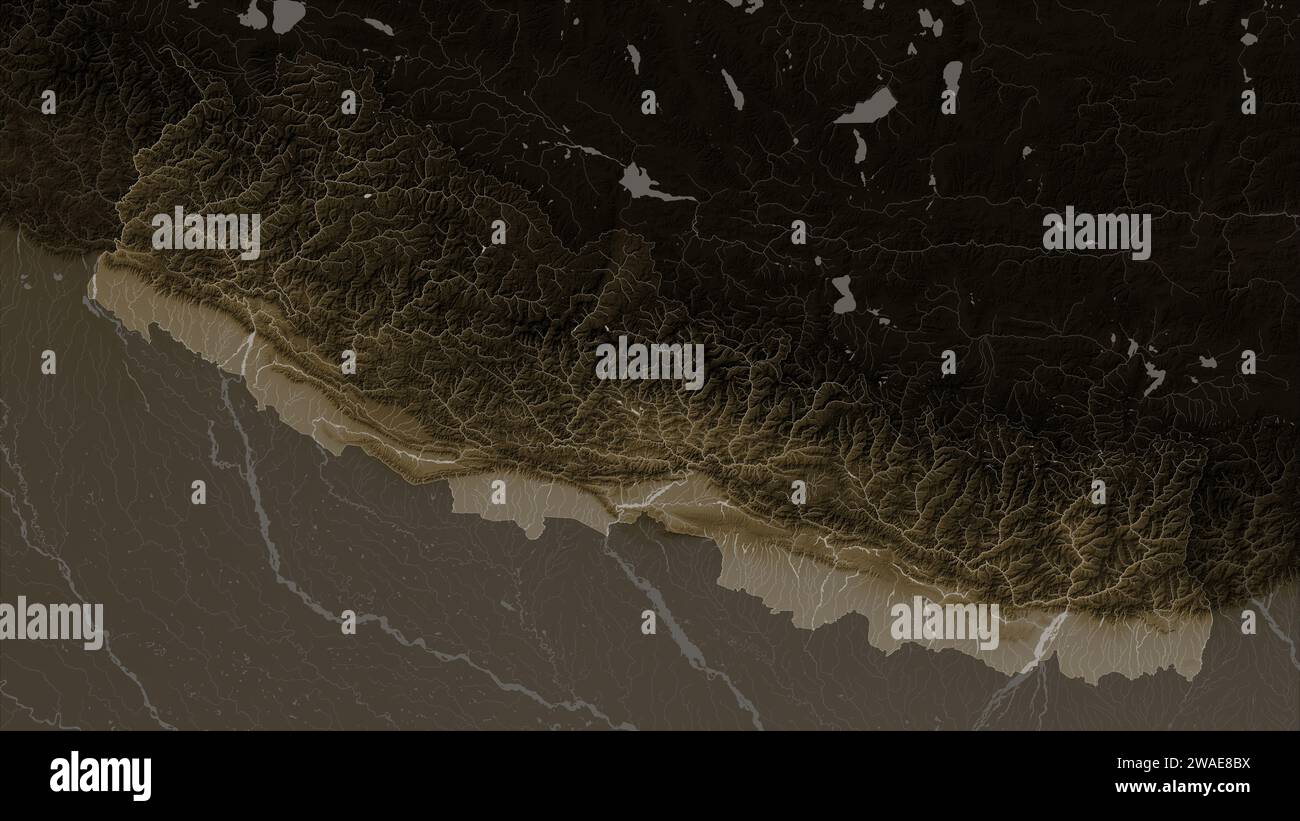 Nepal highlighted on a elevation map colored in sepia tones with lakes ...