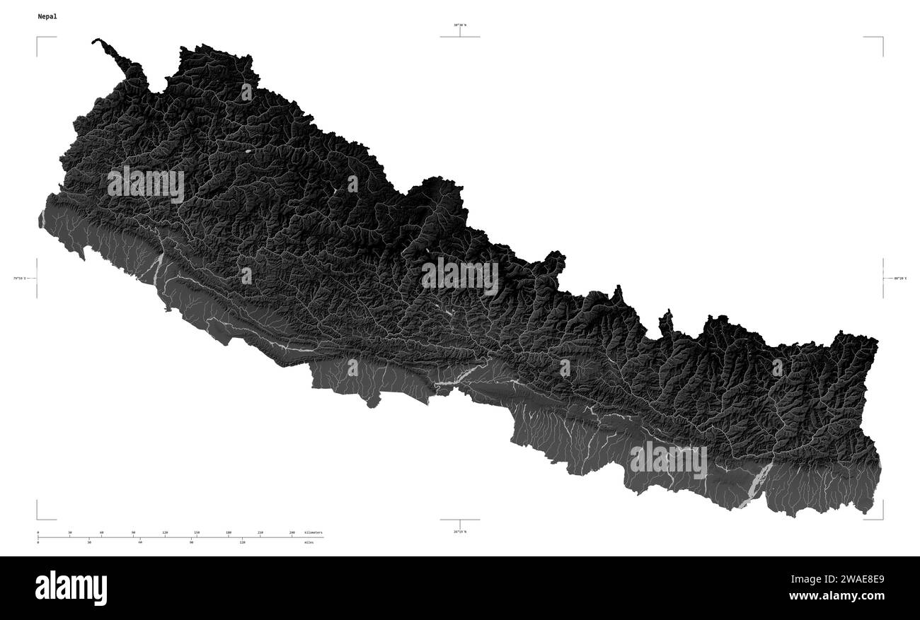 Shape of a Grayscale elevation map with lakes and rivers of the Nepal, with distance scale and ...