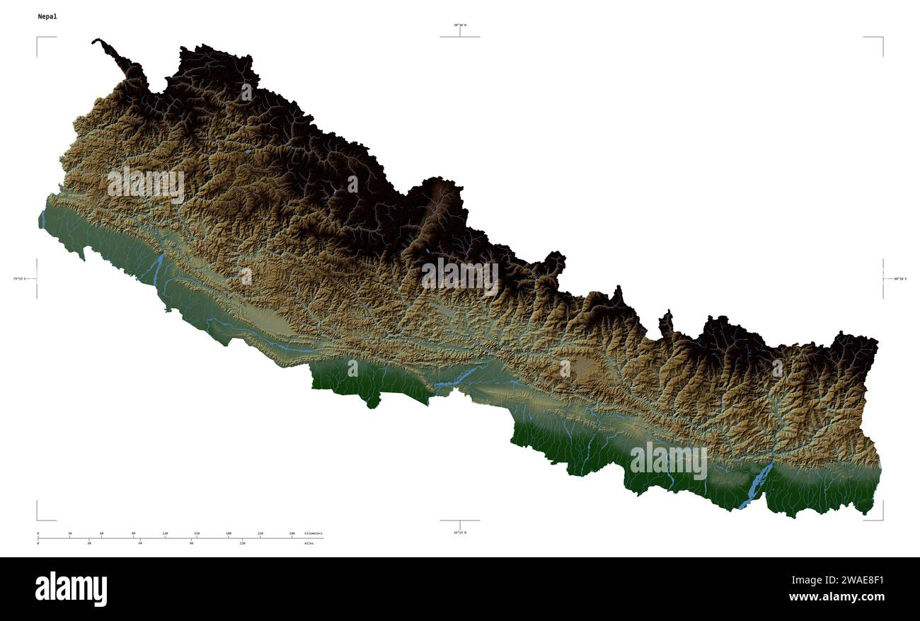 Shape of a Colored elevation map with lakes and rivers of the Nepal ...