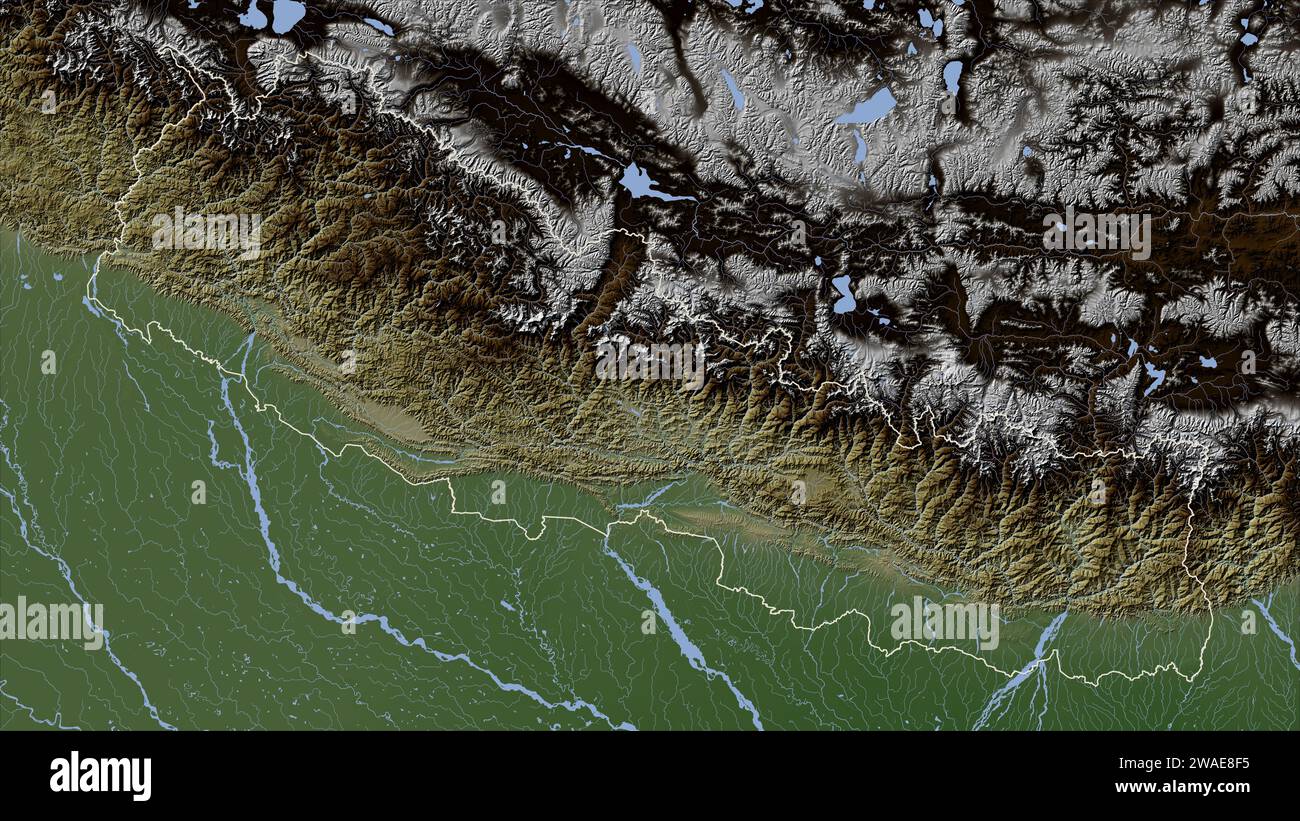 Nepal outlined on a Pale colored elevation map with lakes and rivers ...