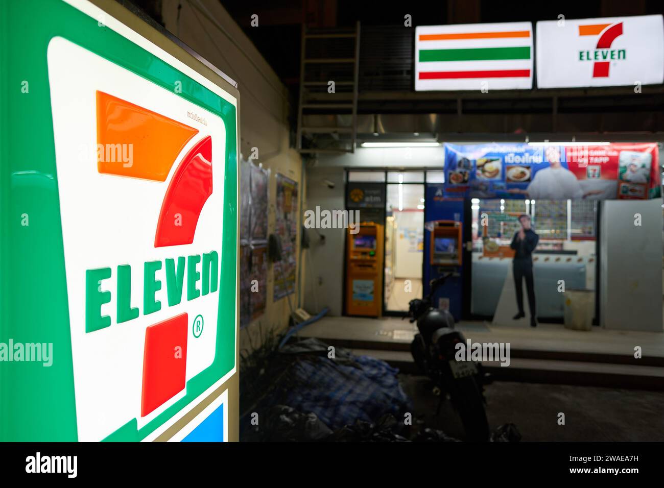 PHUKET, THAILAND - APRIL 15, 2023: close up shot of 7-Eleven sign as ...