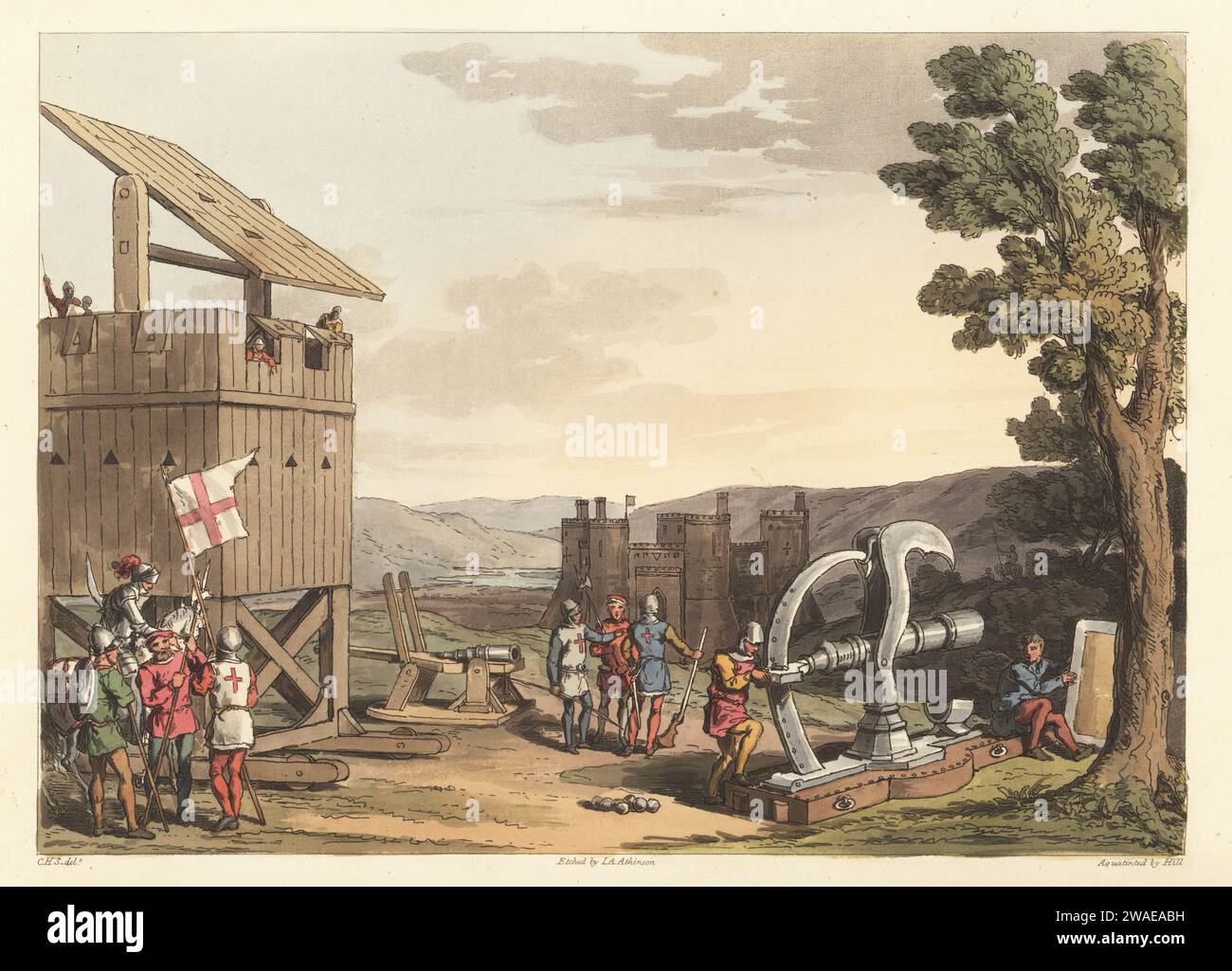 Cannons, siege machines and soldiers, 15th century. Great iron cannon ...