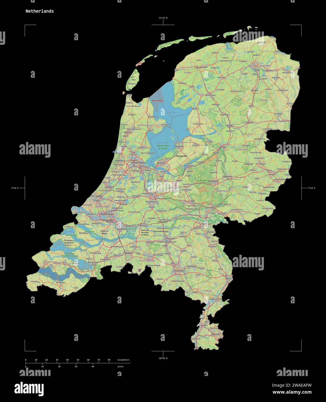 Shape of a topographic, OSM standard style map of the Netherlands, with ...