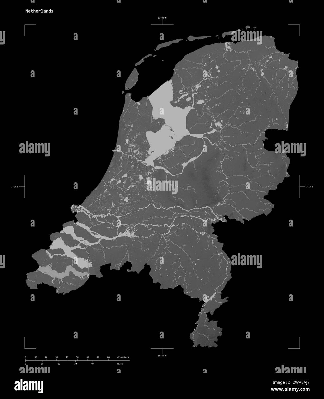 Shape of a Grayscale elevation map with lakes and rivers of the Netherlands, with distance scale ...