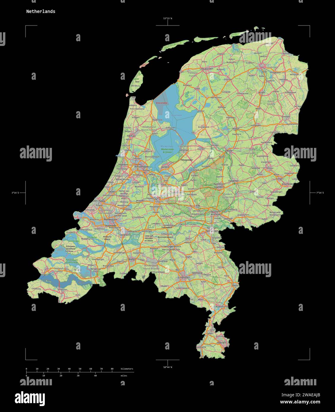 Shape of a topographic, OSM Germany style map of the Netherlands, with ...