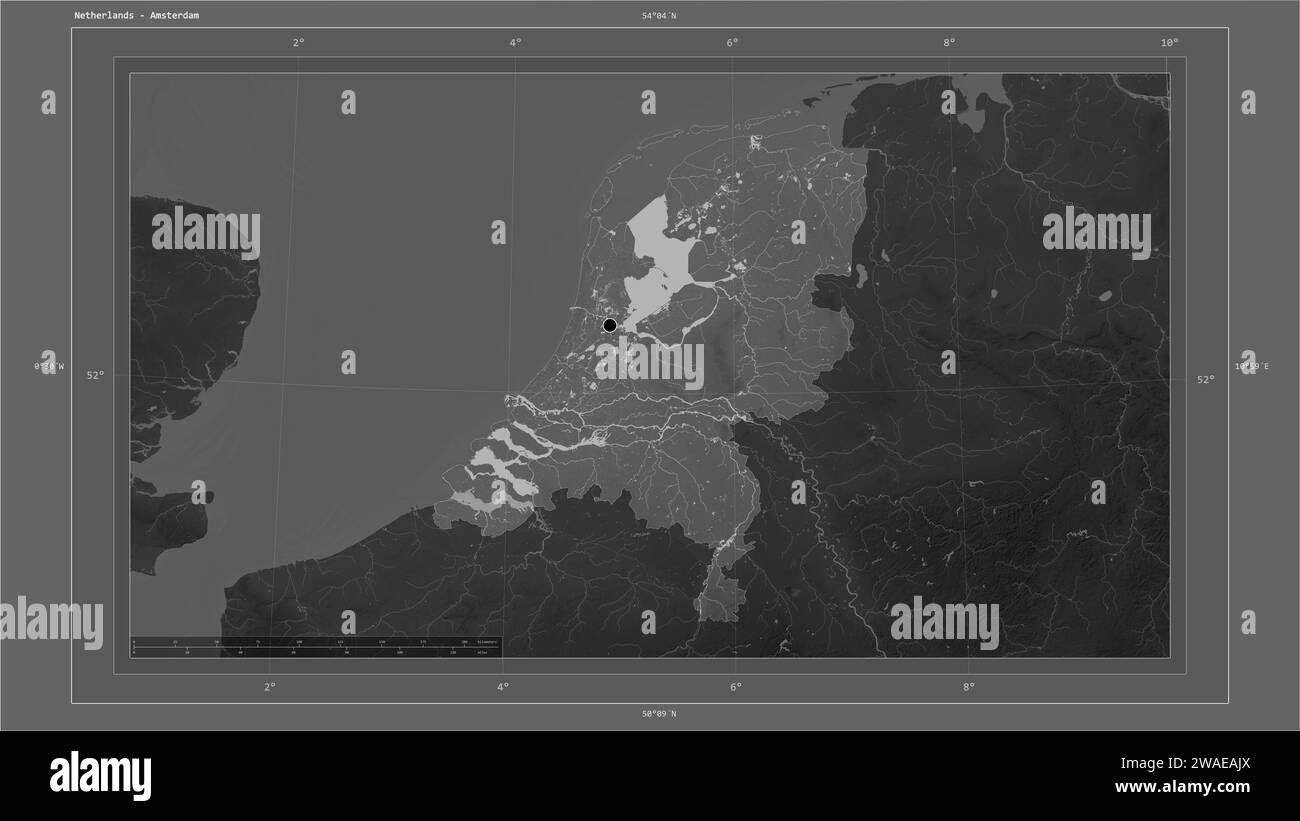 Netherlands highlighted on a Grayscale elevation map with lakes and ...