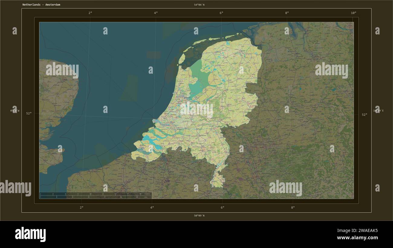 Netherlands highlighted on a topographic, OSM Humanitarian style map ...