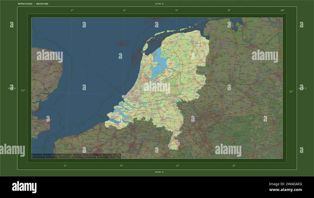 Netherlands highlighted on a topographic, OSM Germany style map map ...