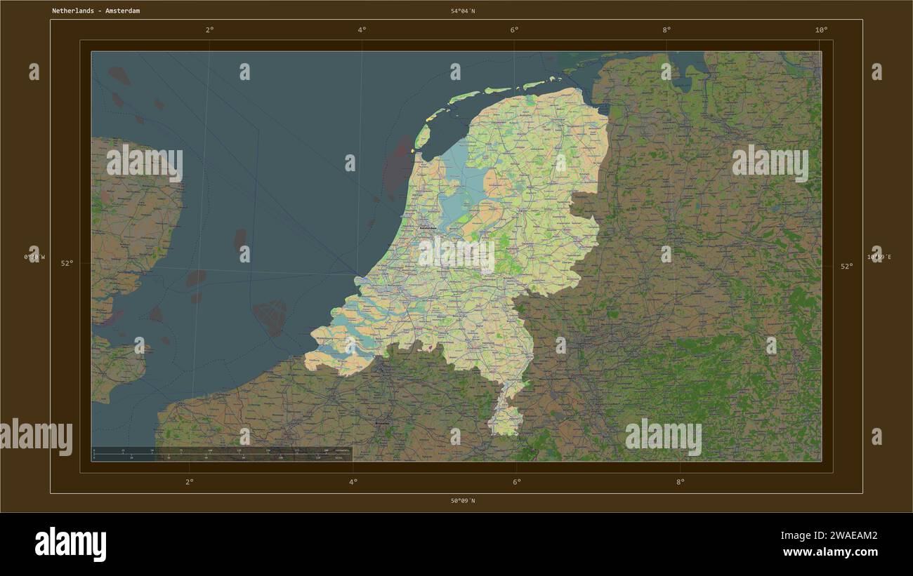 Netherlands highlighted on a topographic, OSM France style map map with ...