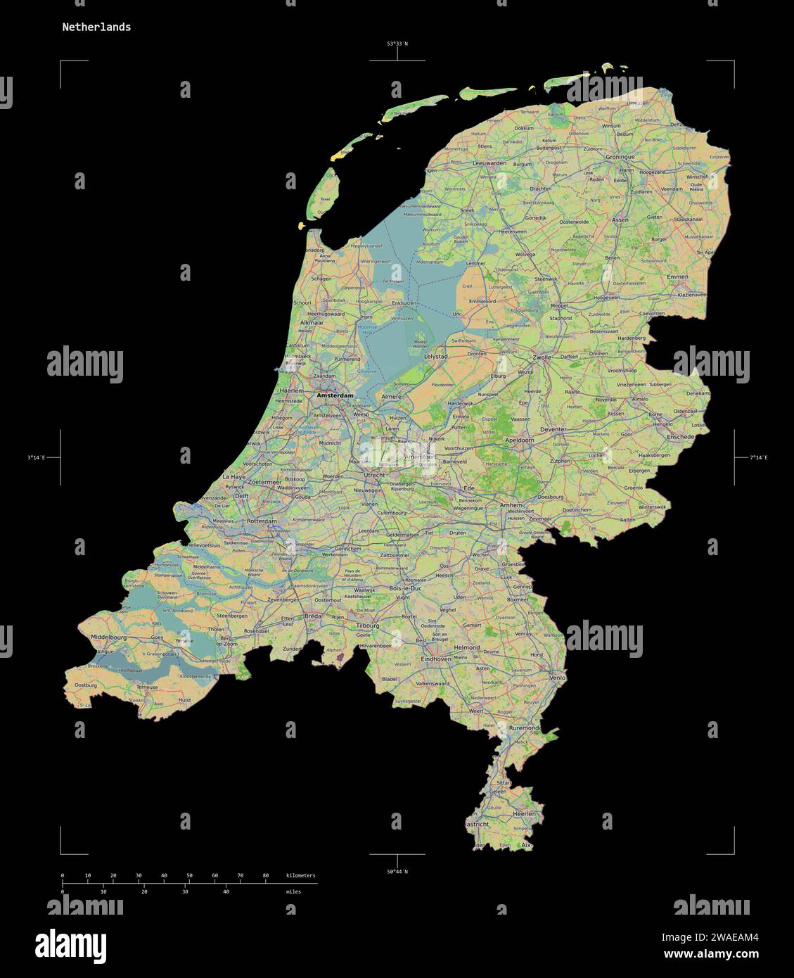 Shape of a topographic, OSM France style map of the Netherlands, with ...
