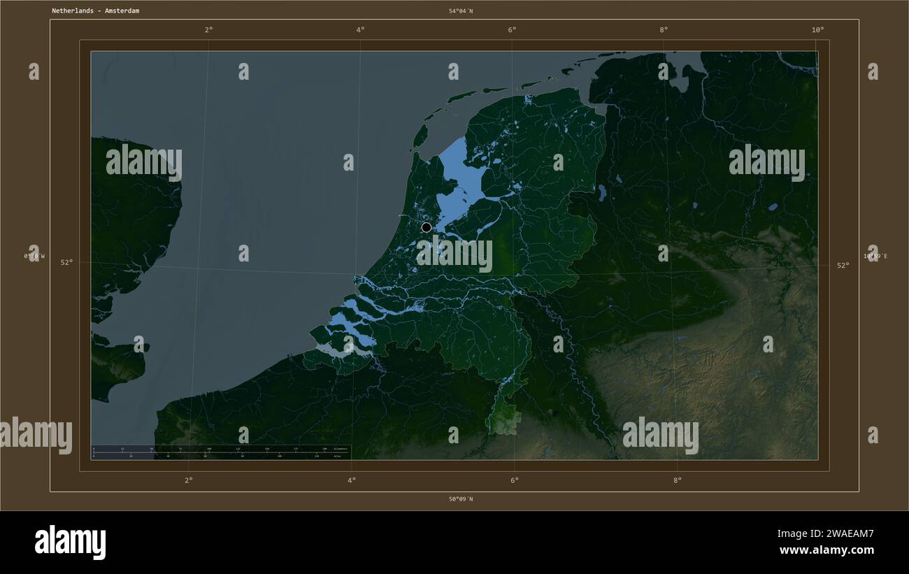 Netherlands highlighted on a Colored elevation map with lakes and ...