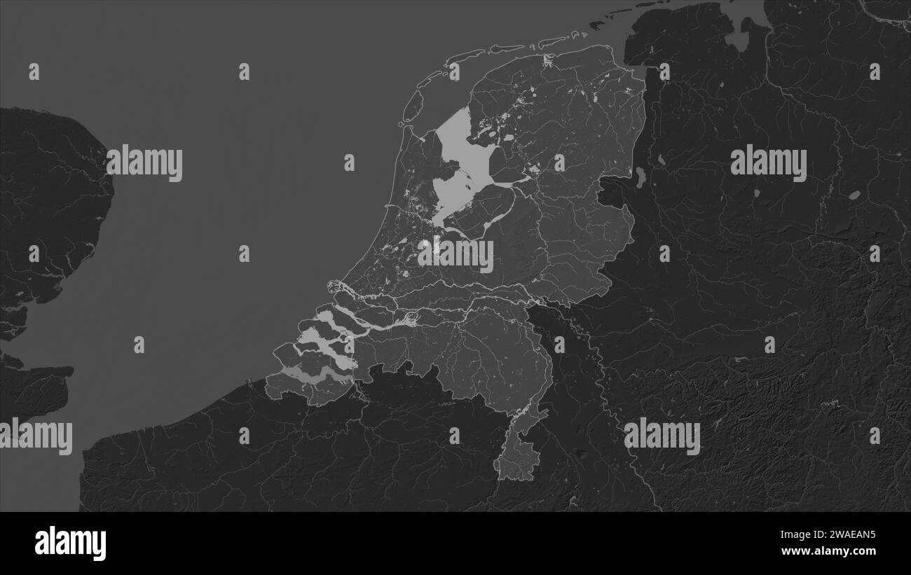 Netherlands highlighted on a Bilevel elevation map with lakes and ...