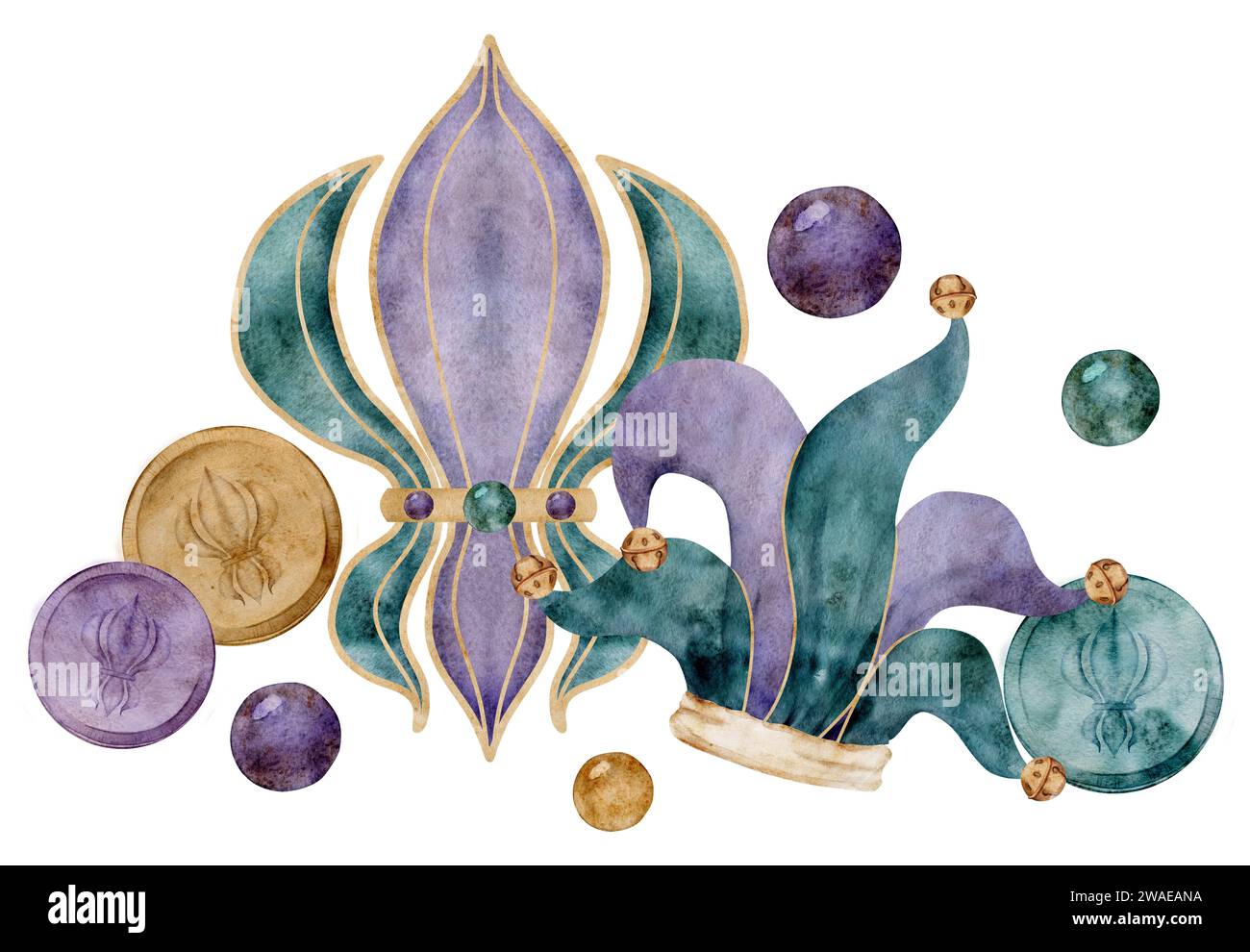 Hand drawn watercolor Mardi Gras carnival symbols. Jester fool hat ...