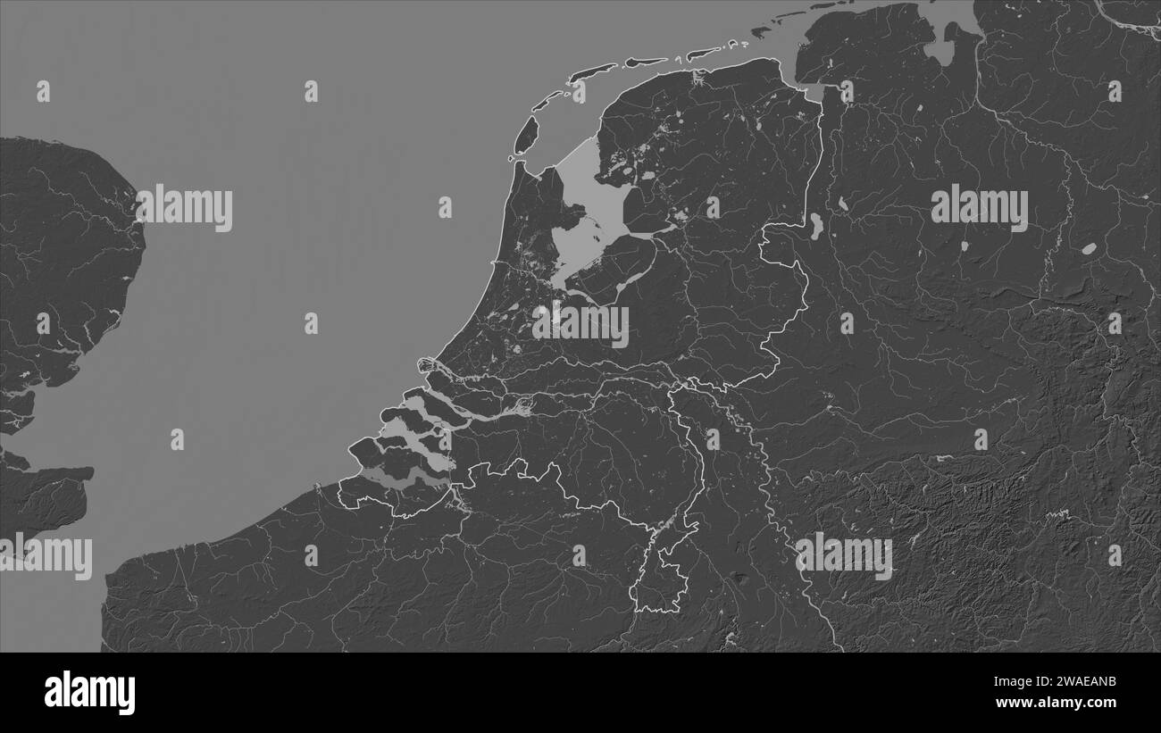 Netherlands outlined on a Bilevel elevation map with lakes and rivers ...