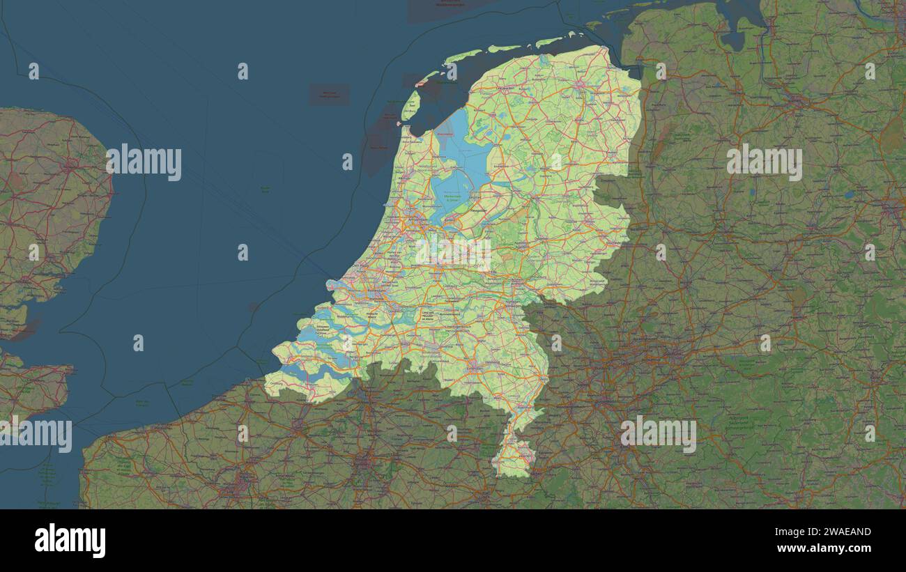 Netherlands highlighted on a topographic, OSM Germany style map Stock Photo - Alamy