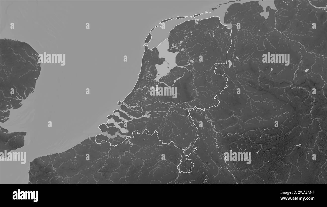 Netherlands outlined on a Grayscale elevation map with lakes and rivers ...