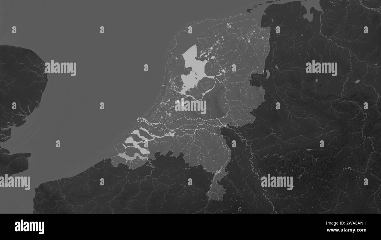 Netherlands highlighted on a Grayscale elevation map with lakes and ...
