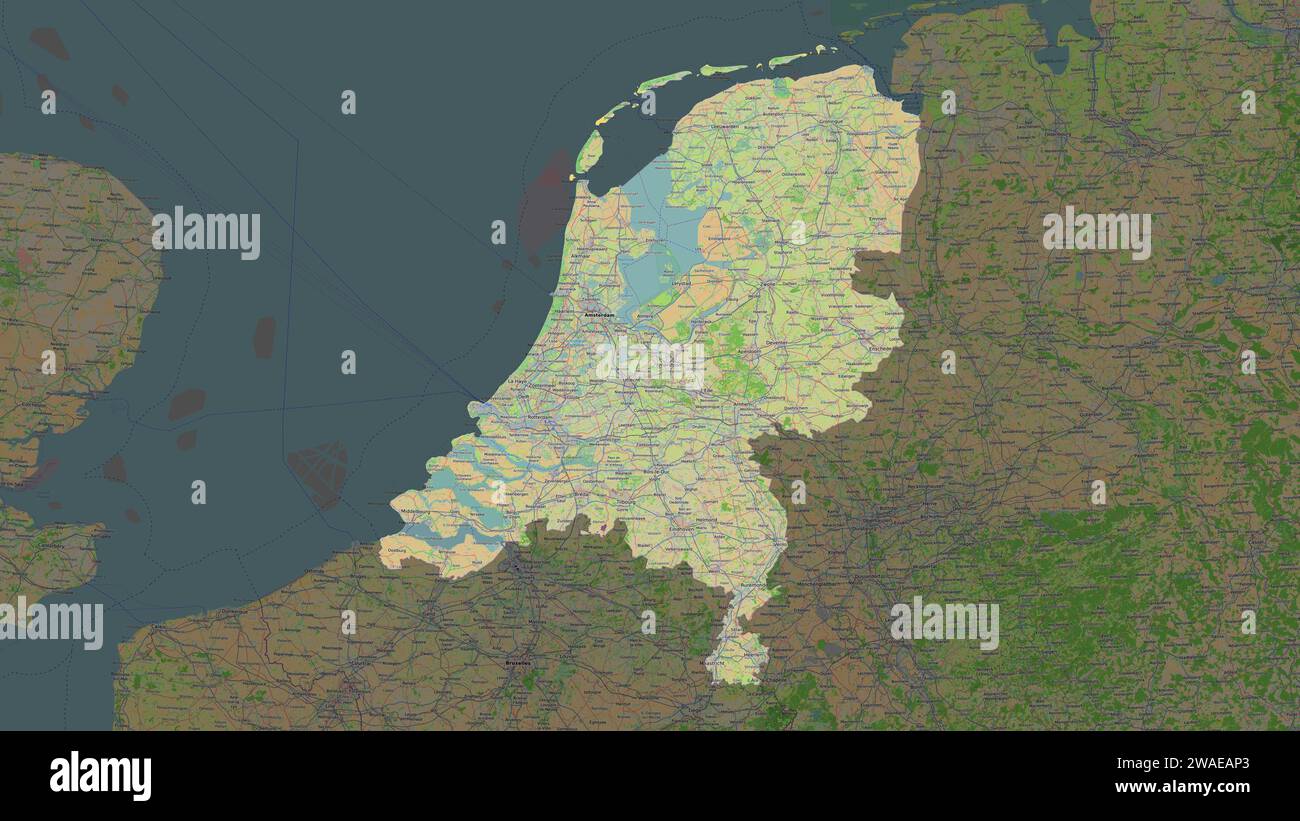 Netherlands highlighted on a topographic, OSM France style map Stock ...