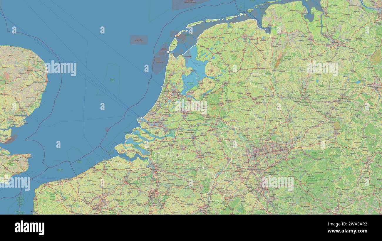 Netherlands outlined on a topographic, OSM standard style map Stock ...