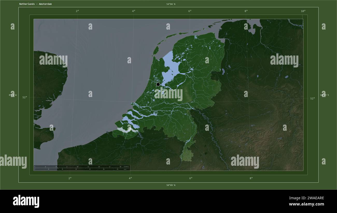 Netherlands highlighted on a Pale colored elevation map with lakes and ...
