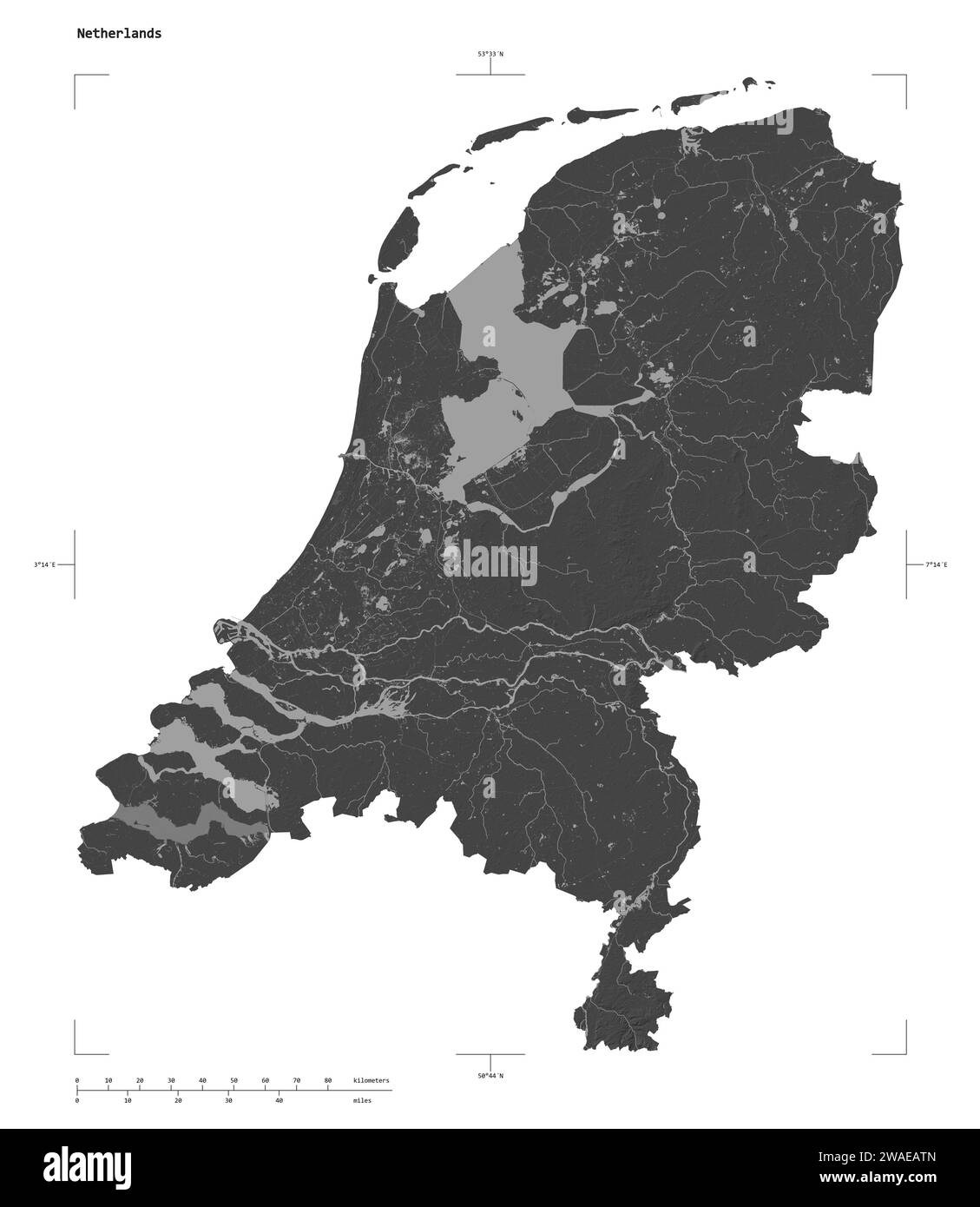 Shape of a Bilevel elevation map with lakes and rivers of the Netherlands, with distance scale ...