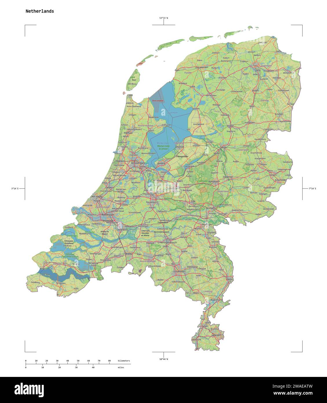 Shape of a topographic, OSM standard style map of the Netherlands, with ...
