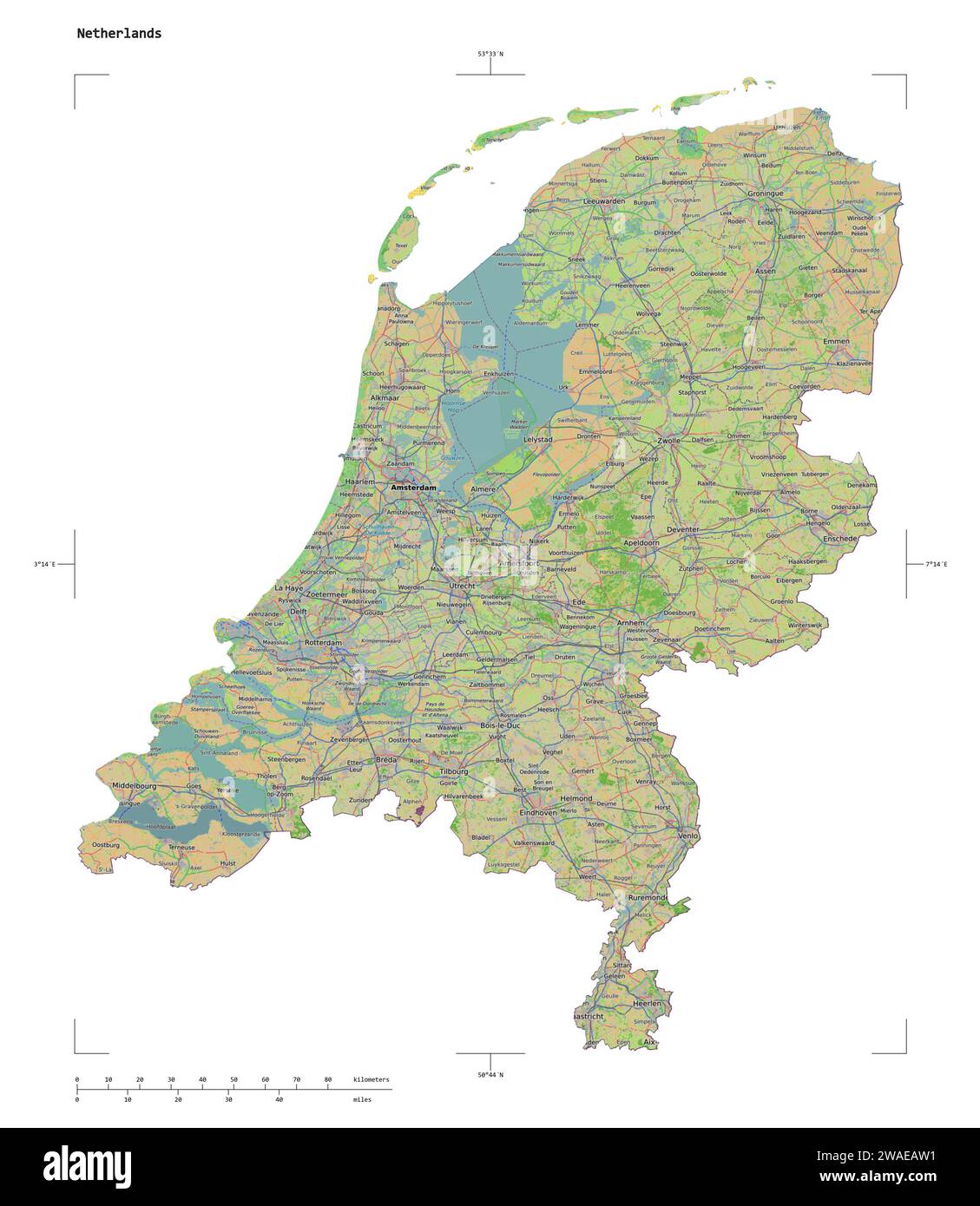 Shape of a topographic, OSM France style map of the Netherlands, with ...