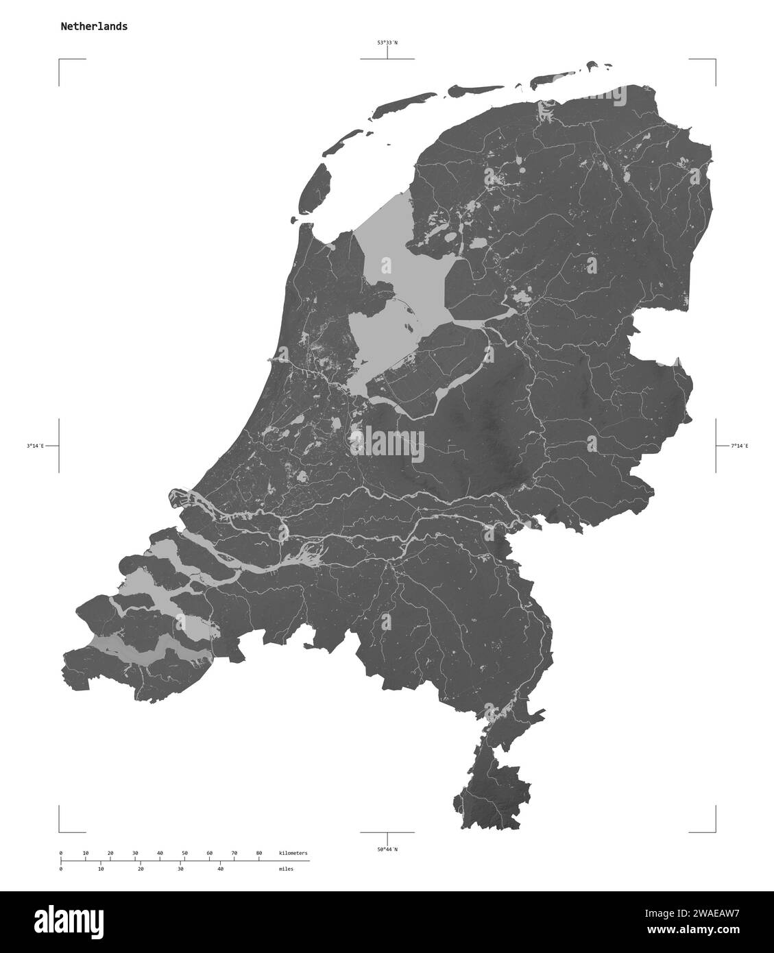 Shape of a Grayscale elevation map with lakes and rivers of the Netherlands, with distance scale ...