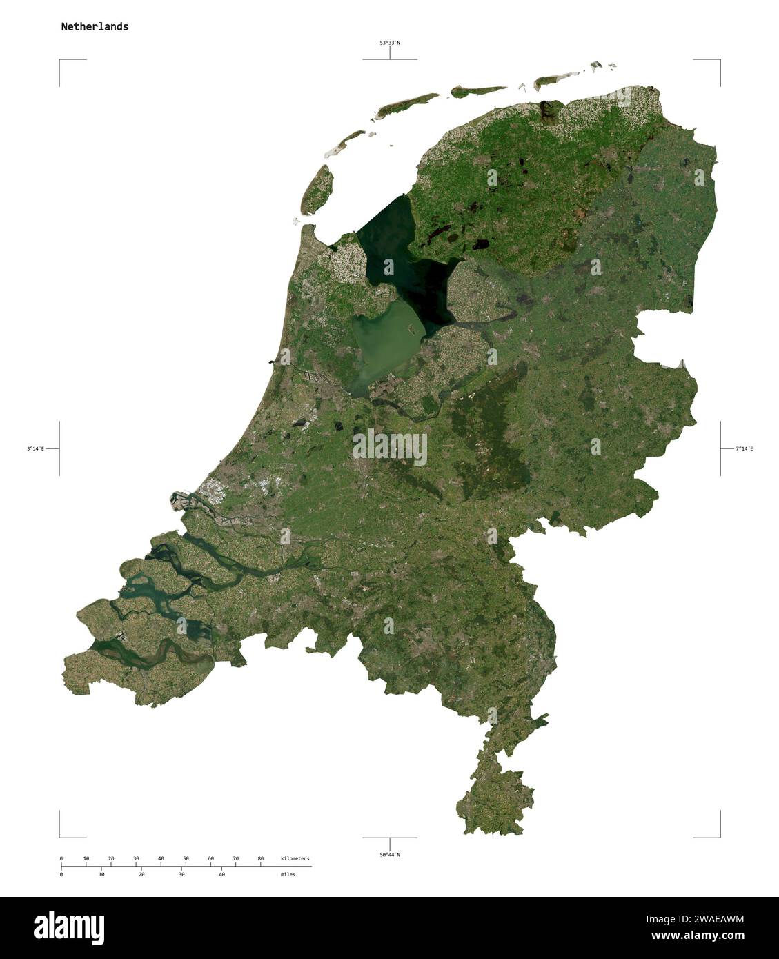 Shape of a low resolution satellite map of the Netherlands, with distance scale and map border ...