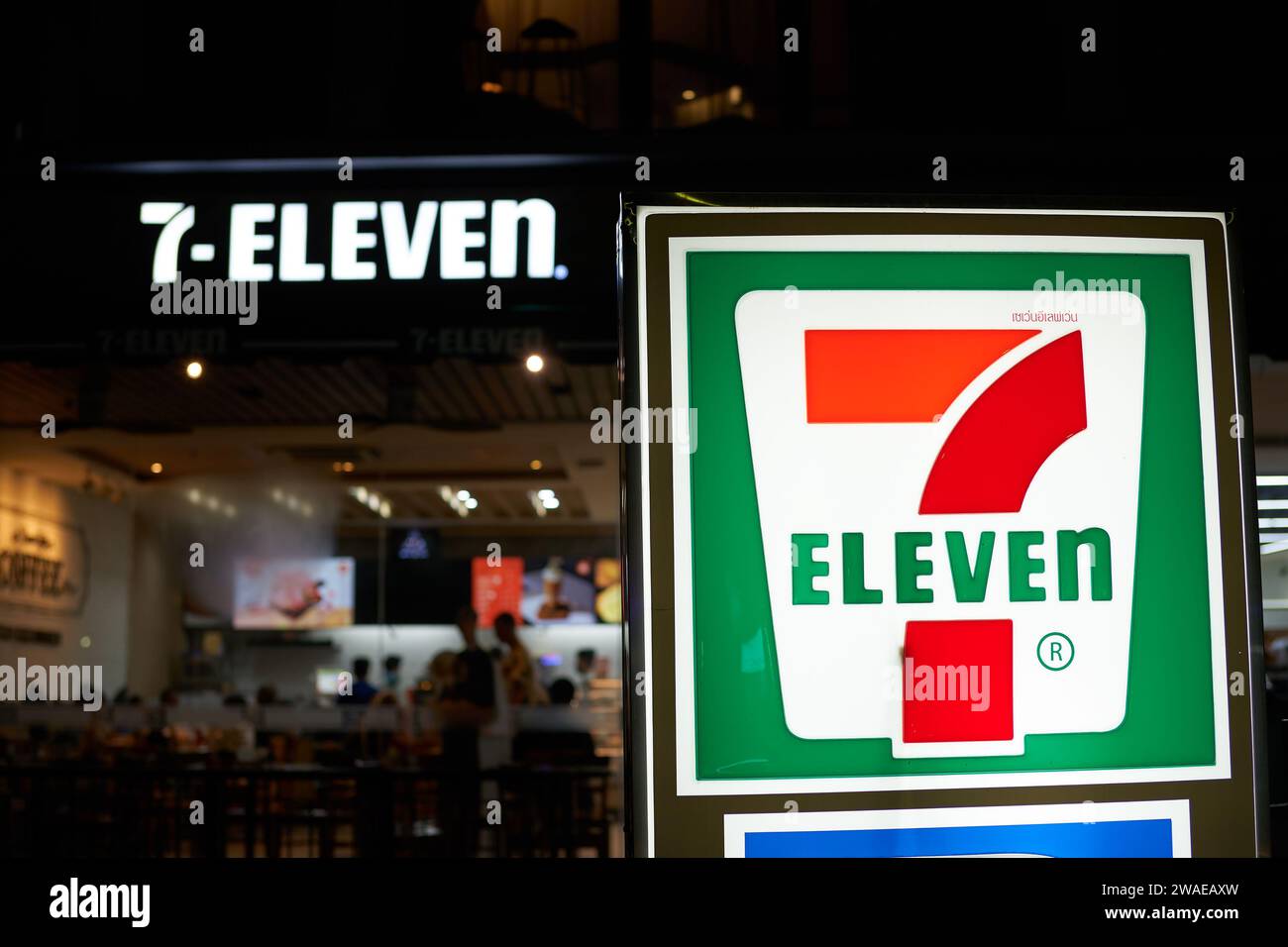 PHUKET, THAILAND - APRIL 25, 2023: close up shot of 7-Eleven sign as ...