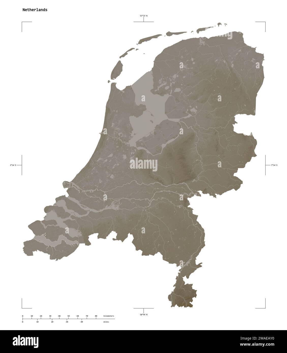 Shape of a elevation map colored in sepia tones with lakes and rivers ...